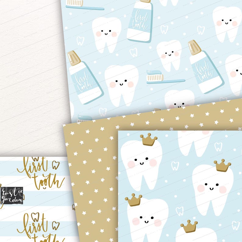 FIRST TOOTH Boy Digital Paper With Tooth Paste, Brush, Crown and Bow to ...