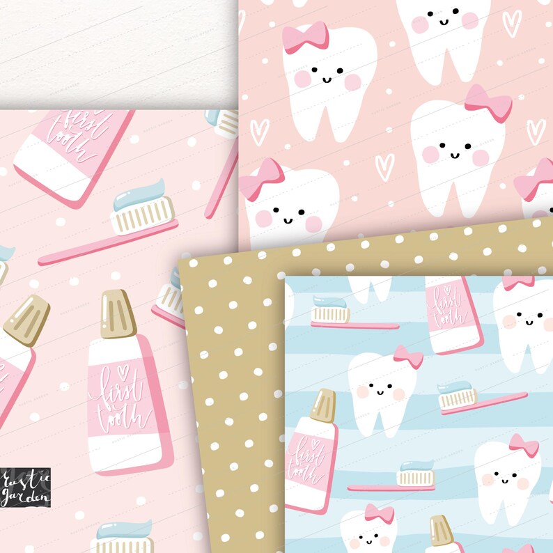 FIRST TOOTH Girl Digital Paper With Tooth Paste, Brush, Crown and Bow ...