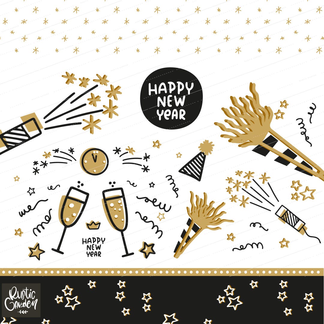 NEW YEAR EVE Clipart With Champagne Glasses, Midnight Clock, Party Horn ...