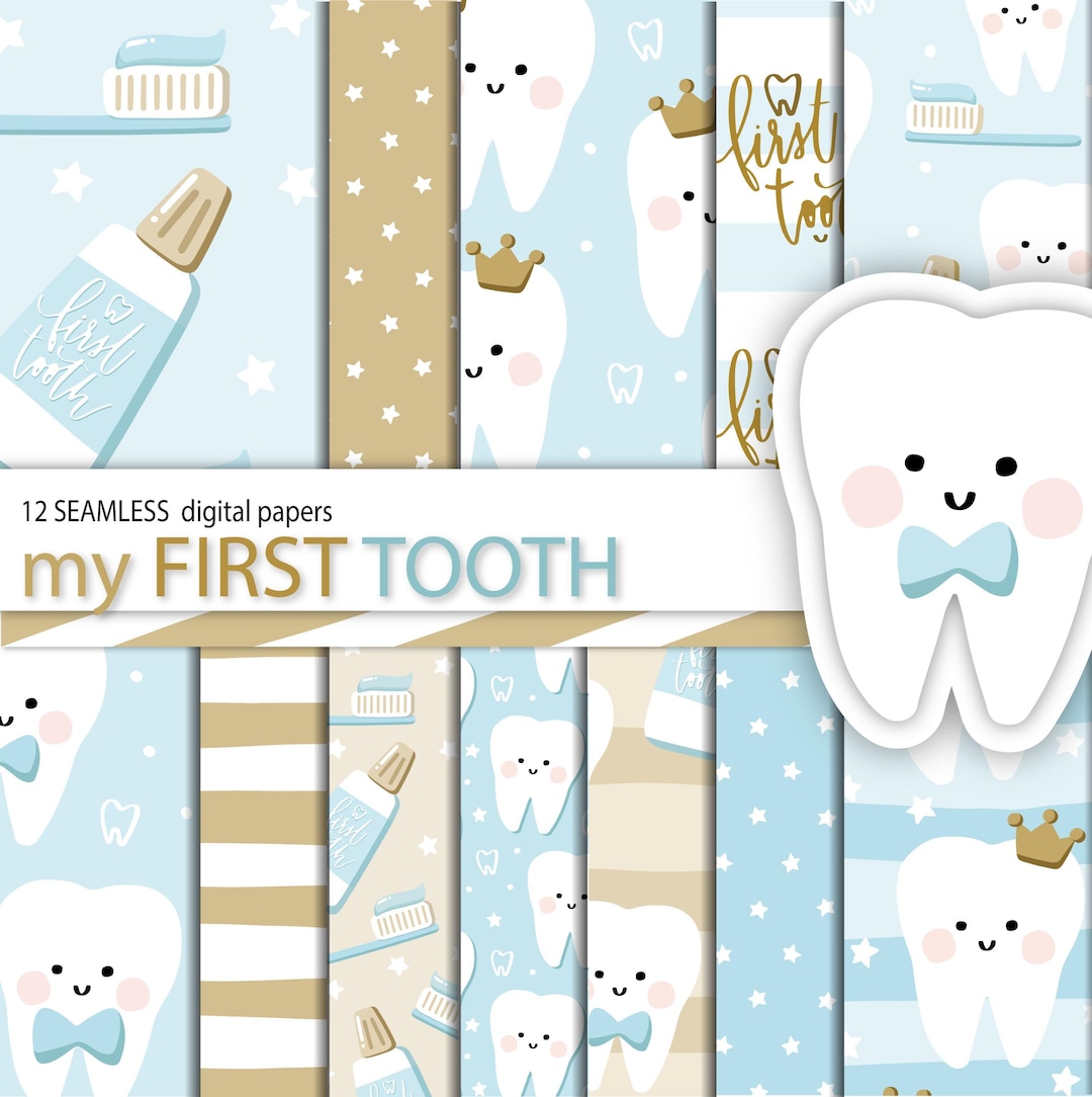 FIRST TOOTH Boy Digital Paper With Tooth Paste, Brush, Crown and Bow to ...