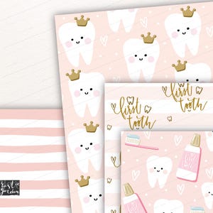 FIRST TOOTH Girl Digital Paper With Tooth Paste, Brush, Crown and Bow ...