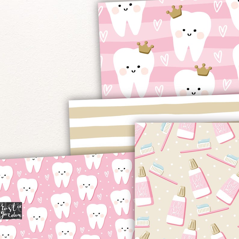 FIRST TOOTH Girl Digital Paper With Tooth Paste, Brush, Crown and Bow ...