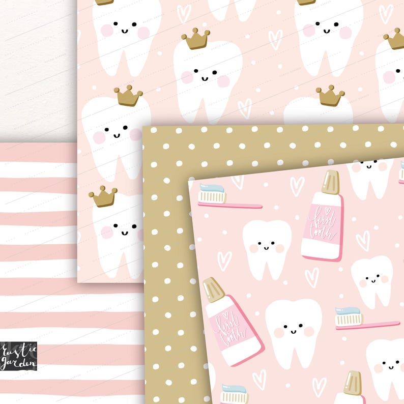 FIRST TOOTH Girl Digital Paper With Tooth Paste, Brush, Crown and Bow ...