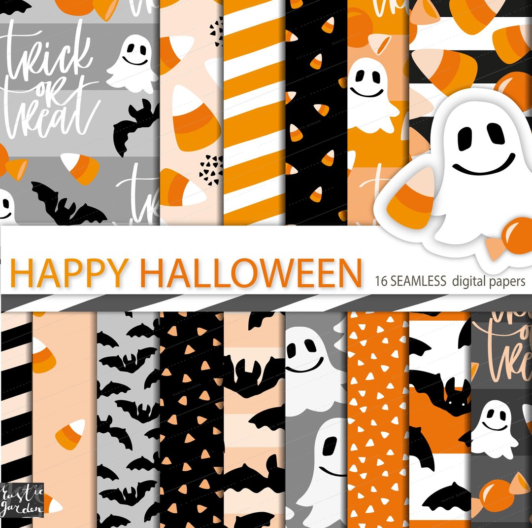 Cute Halloween Orange and Black Digital Paper With Ghost, Bat, Candy ...