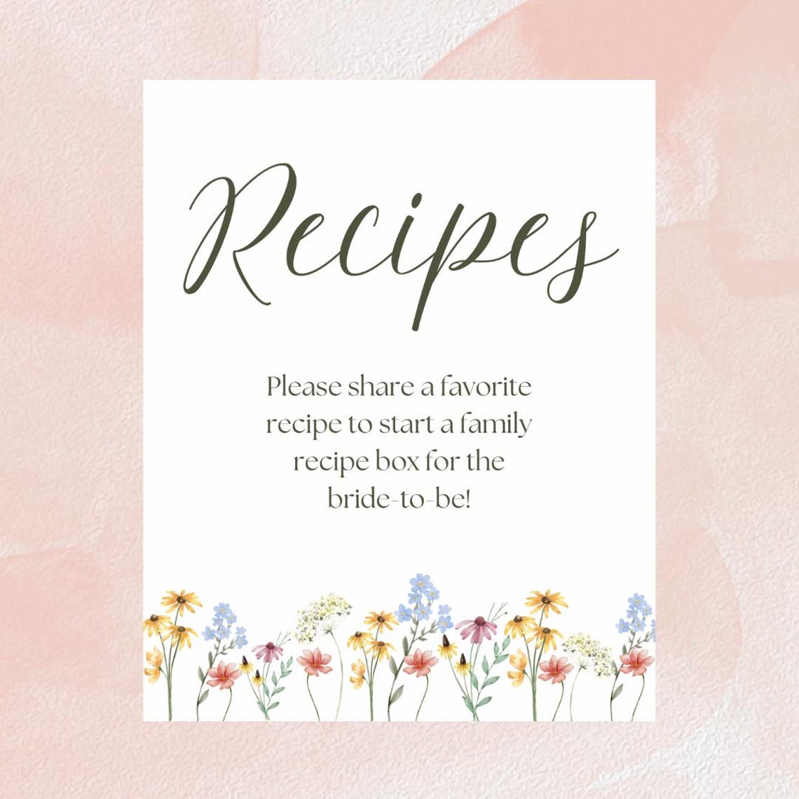 Bridal Shower, Wedding Shower, Wildflower Floral, Recipe Sign for ...