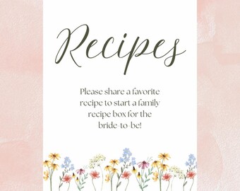 Bridal Shower, Wedding Shower, Wildflower Floral, Recipe Sign for ...