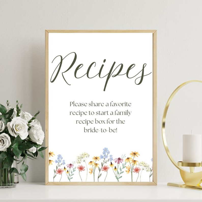 Bridal Shower, Wedding Shower, Wildflower Floral, Recipe Sign for ...