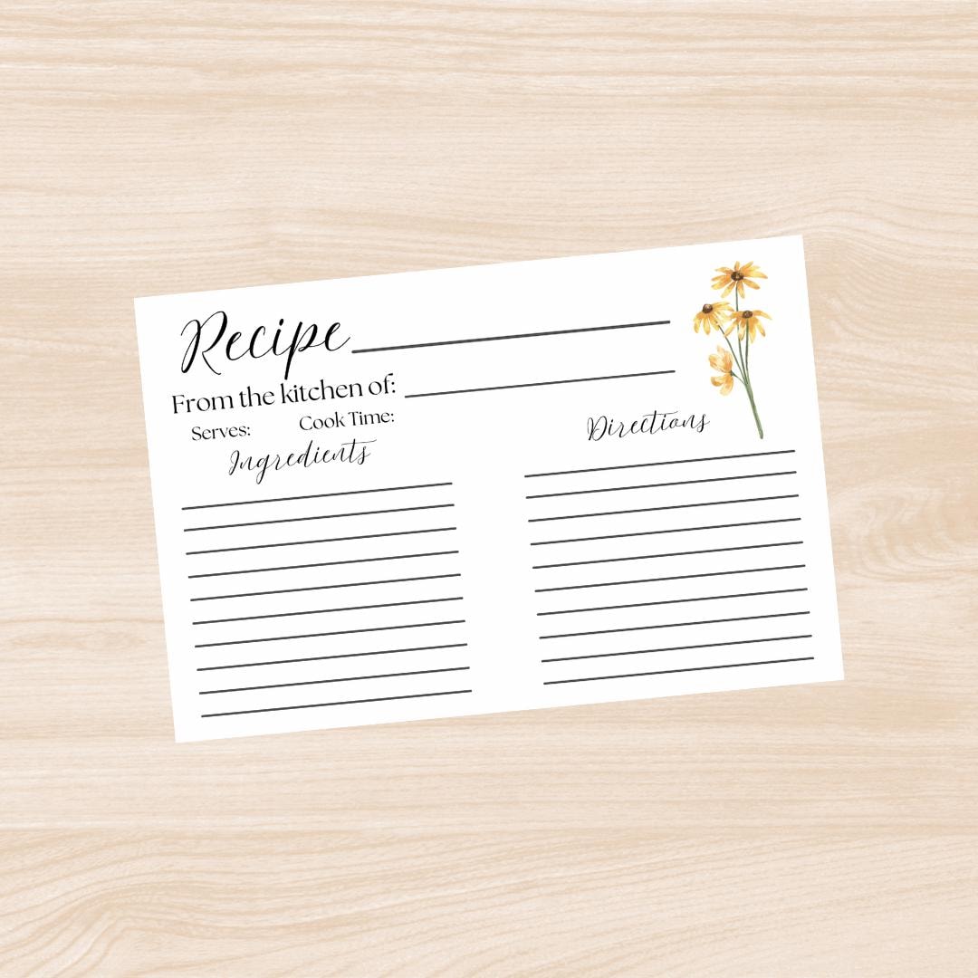 Wildflower Floral Recipe Card for Personalized Recipe Box Template, 4x6 ...