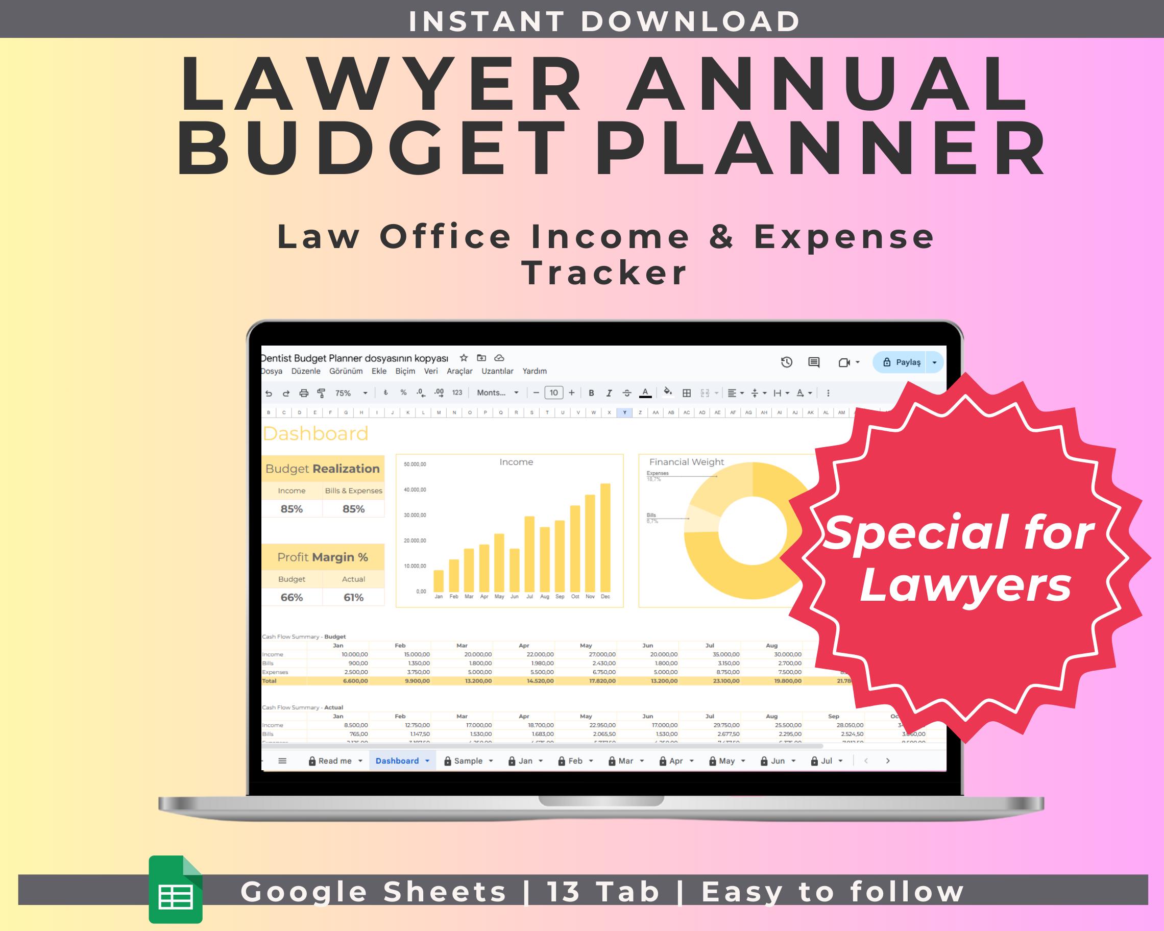 Lawyer Budget Spreadsheet Template Attorney Annual Expense Tracker ...
