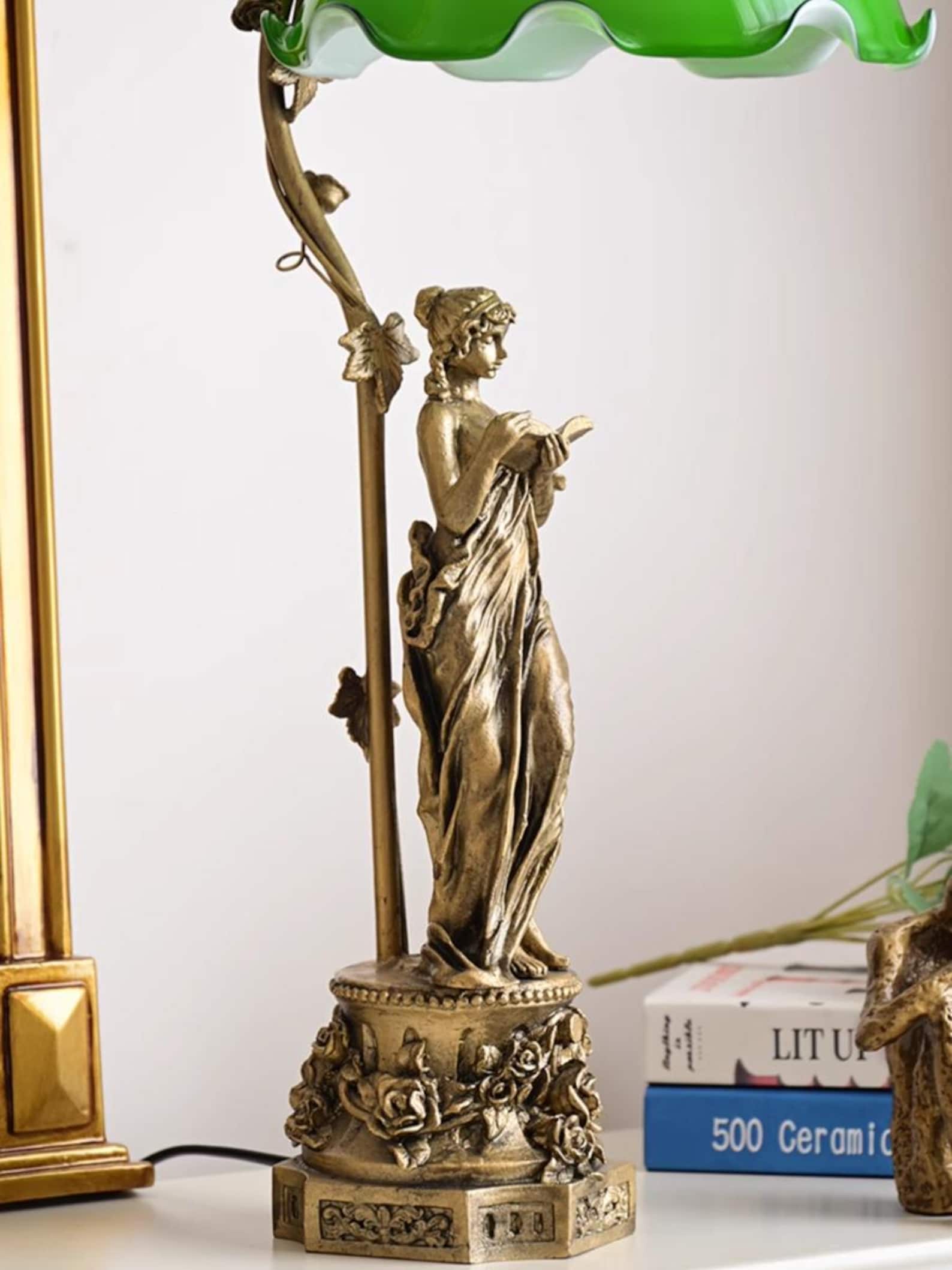 Vintage Table Lamp With Gold Lady Statue and Flower Glass Shade ...