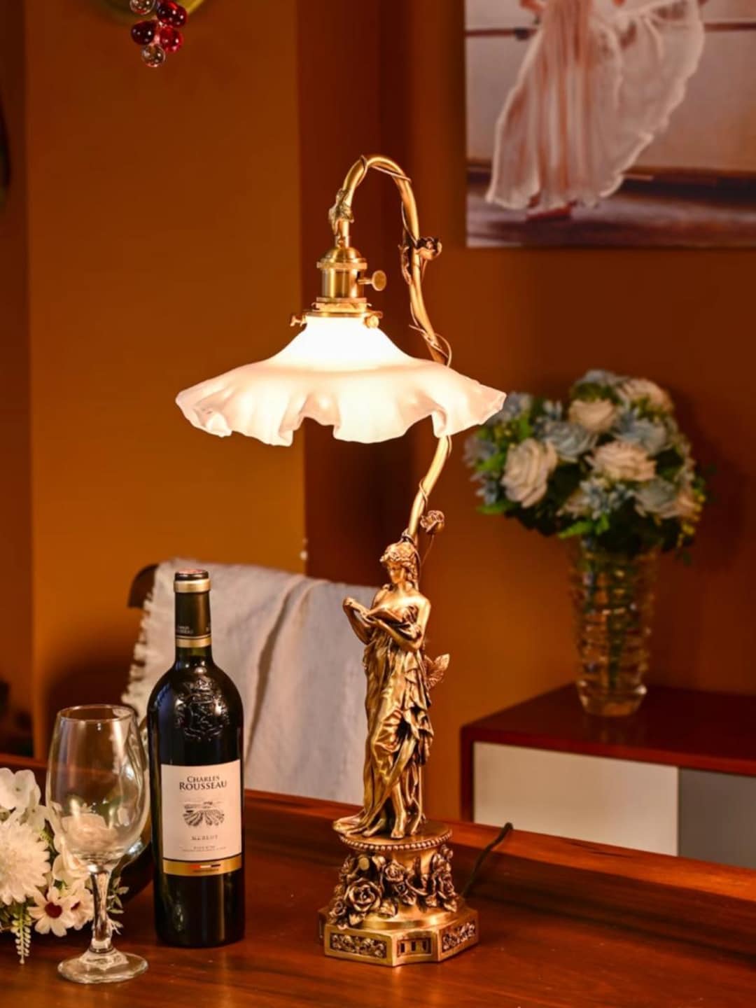 Vintage Table Lamp With Gold Lady Statue and Flower Glass Shade ...
