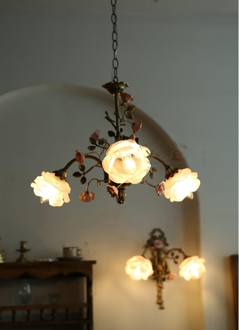 Pink Rose Chandelier: French Cottagecore Floral Ceiling Light - Etsy