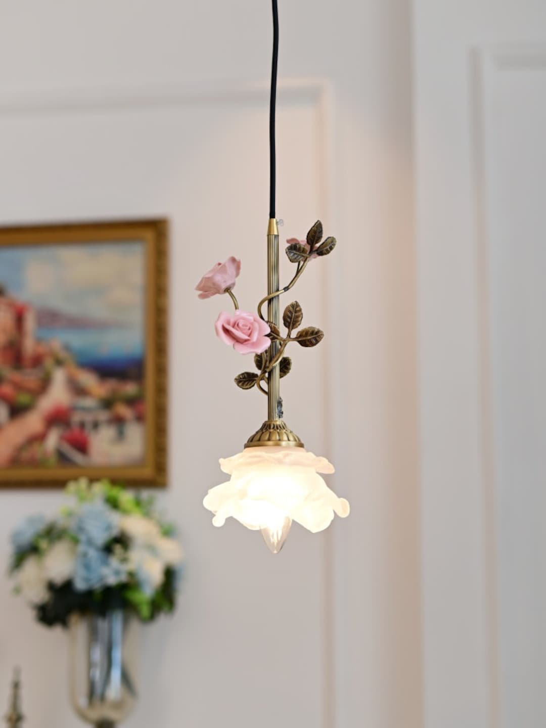 Vintage Floral Pendant Light With Ceramic Roses, French Style - Etsy