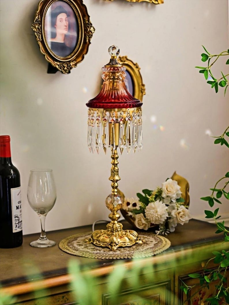 Vintage Victorian Table Lamp: Red Glass Shade, Crystal Prisms, Ornate ...