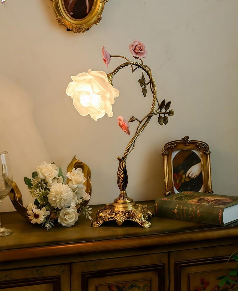 Vintage Rose Table Lamp: Victorian Floral Glass Shade - Etsy