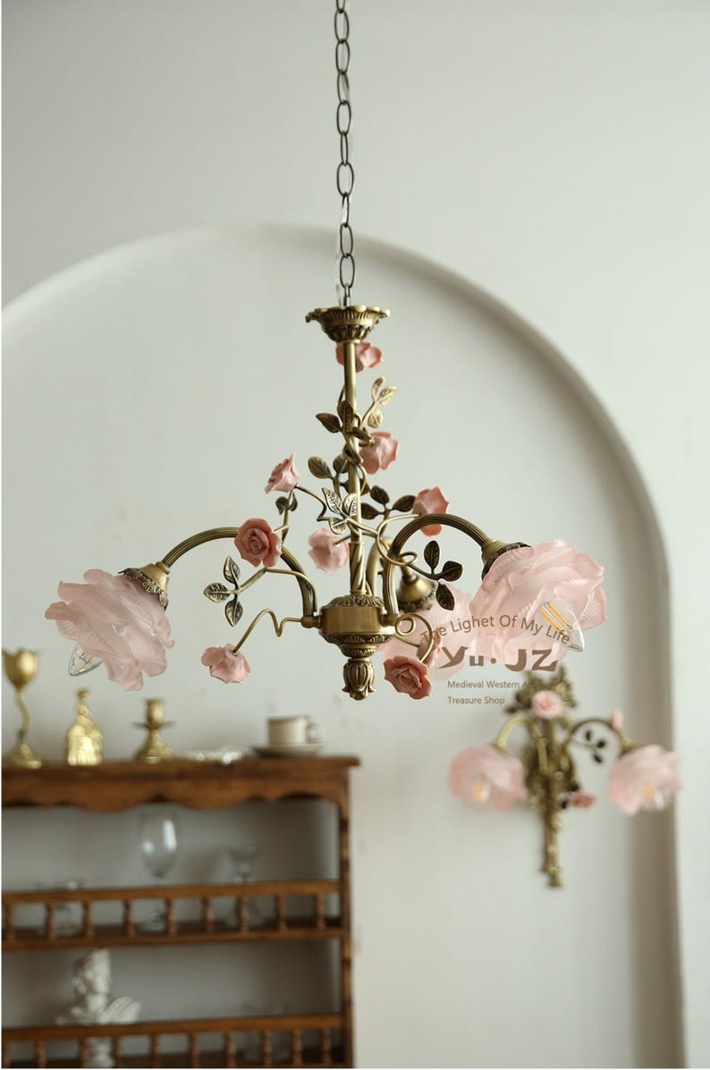 Pink Rose Chandelier: French Cottagecore Floral Ceiling Light - Etsy