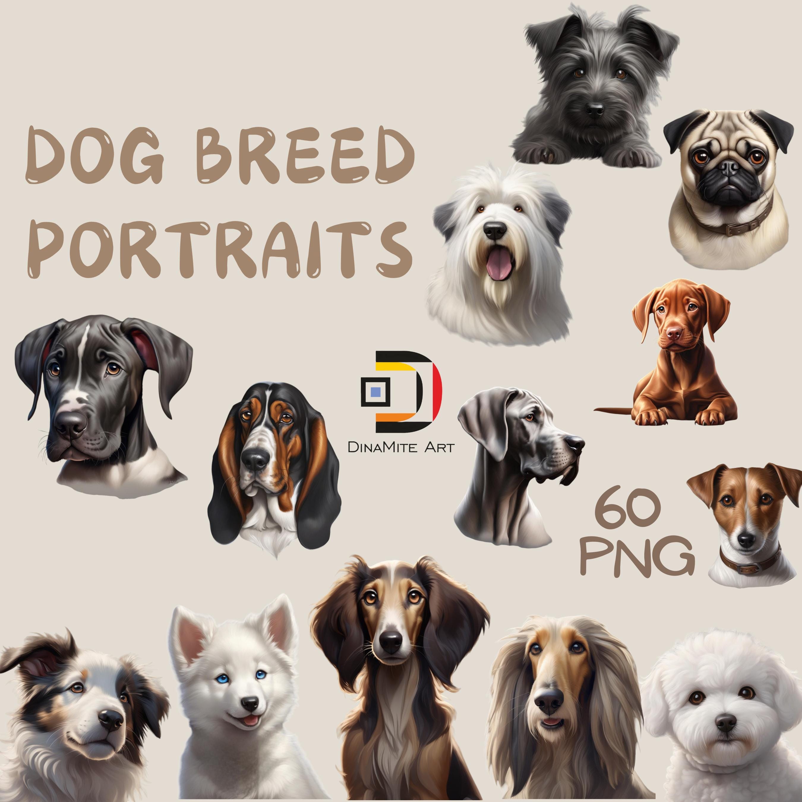 60 Dog Breed Portraits PNG, Dog Breeds Clipart Files, Cute Puppy Bundle ...