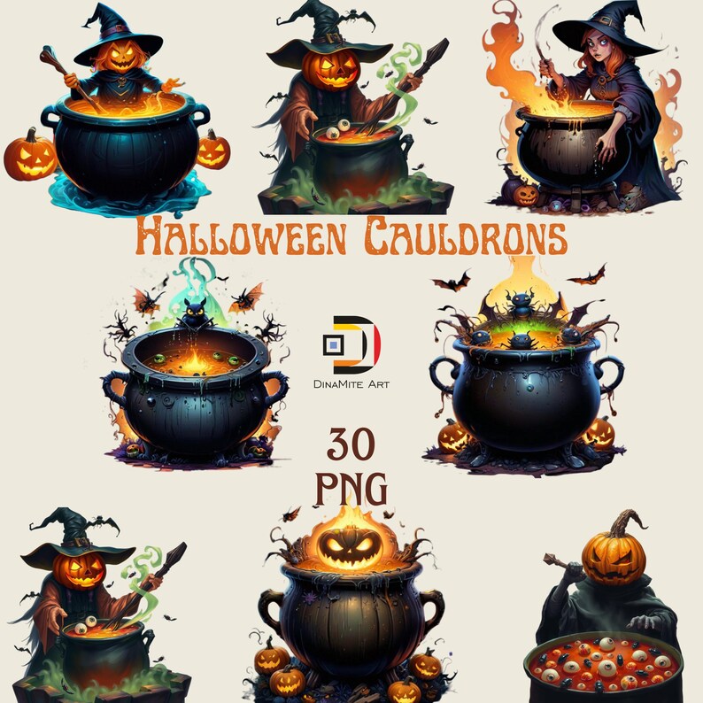 30 Halloween Cauldrons PNG Bundle, Spooky Cauldron Clipart, Halloween ...