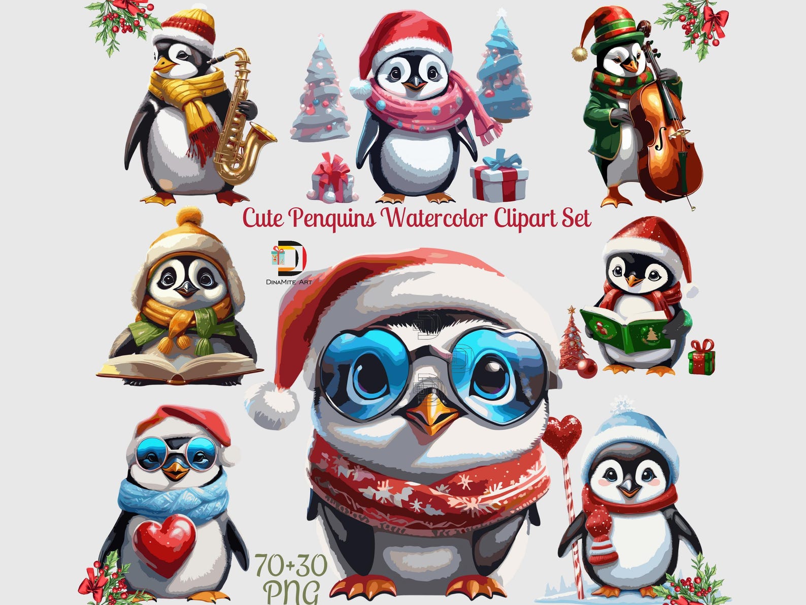 Christmas Penguin Watercolor Clipart Bundle | 70 Cute Holiday PNG ...