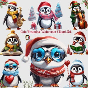 Christmas Penguin Watercolor Clipart Bundle | 70 Cute Holiday PNG ...