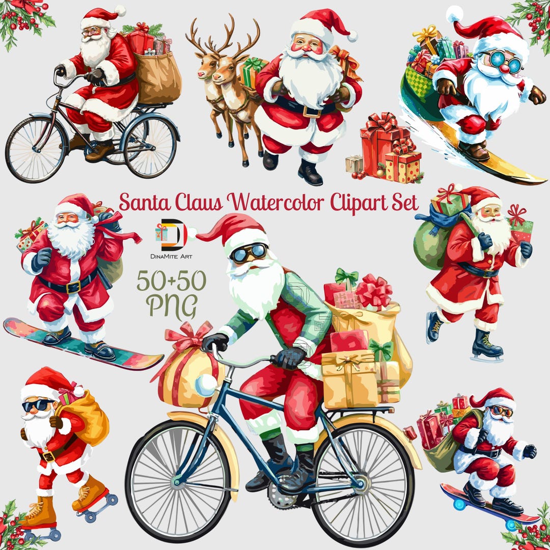 Santa Claus Watercolor Clipart PNG Bundle – 50+ Free Christmas Elements ...