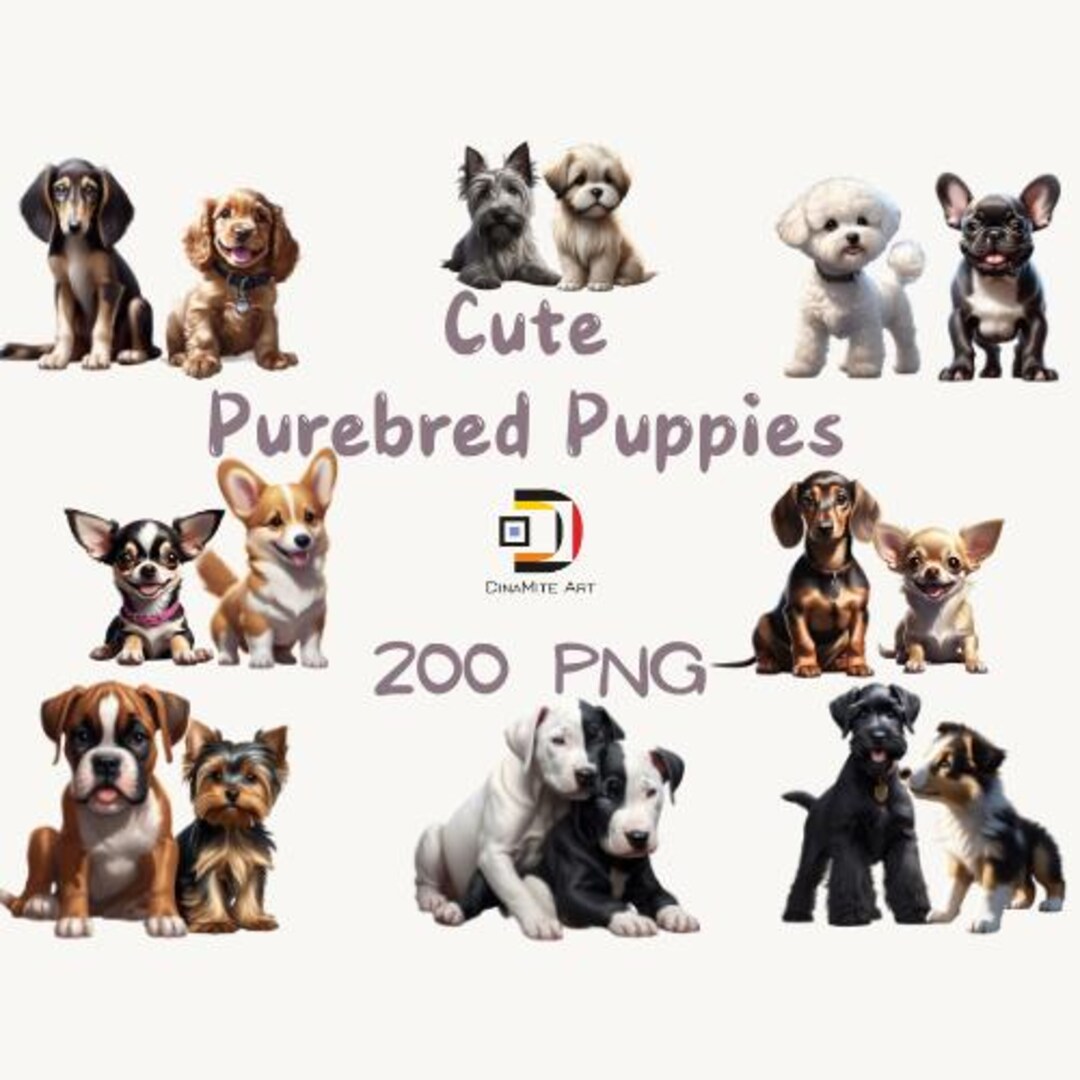 Cute Puppy Breeds PNG Bundle, Purebred Puppies Clipart Image Files, Pet ...