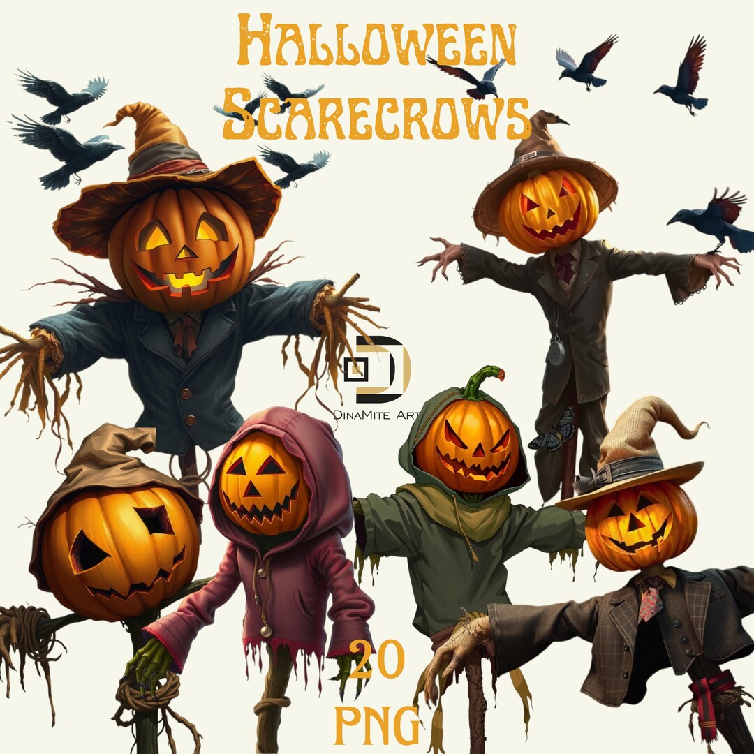 Halloween Scarecrows Clipart PNG Bundle, 20 Spooky Haunted Pumpkin Bat ...