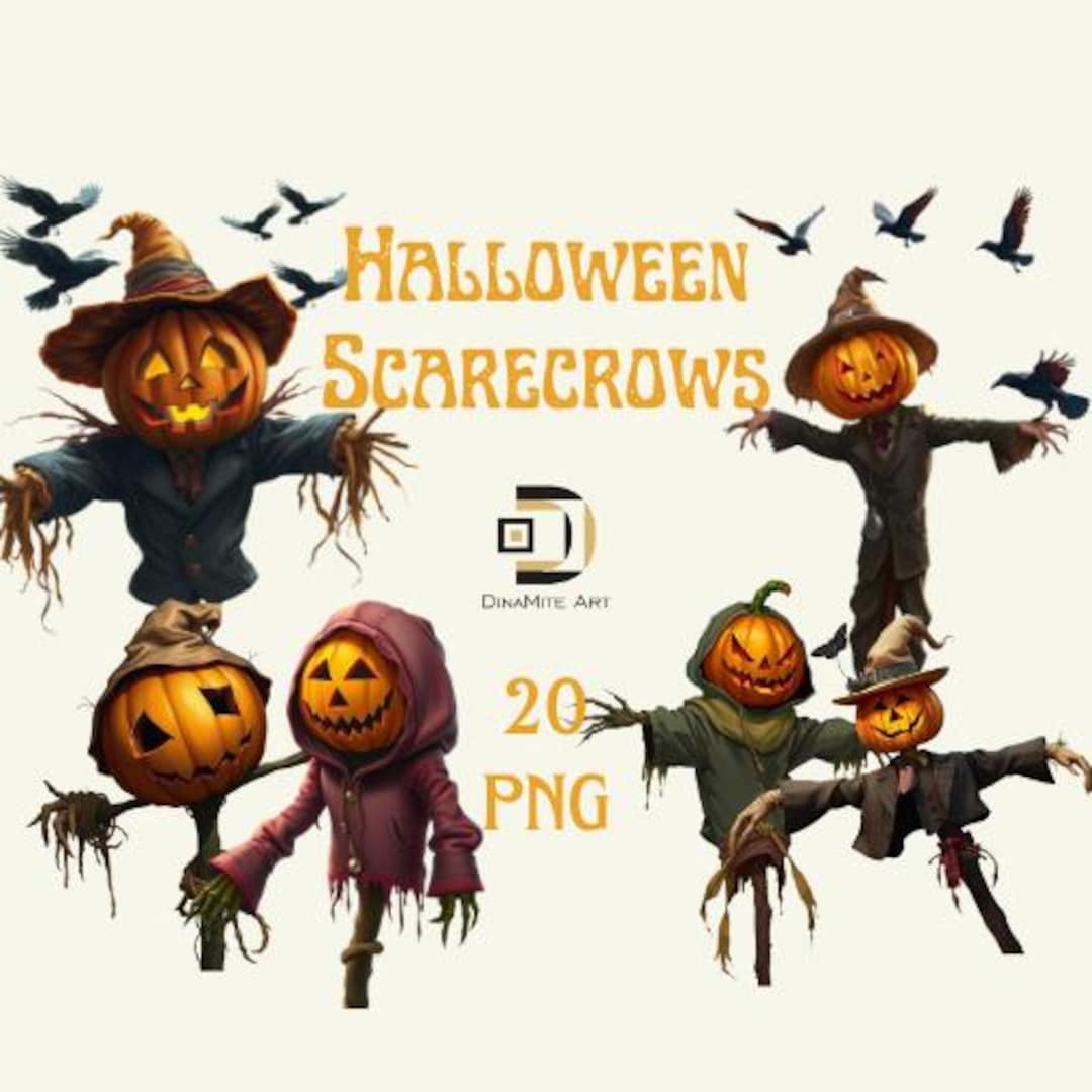 Halloween Scarecrows Clipart PNG Bundle, 20 Spooky Haunted Pumpkin Bat ...