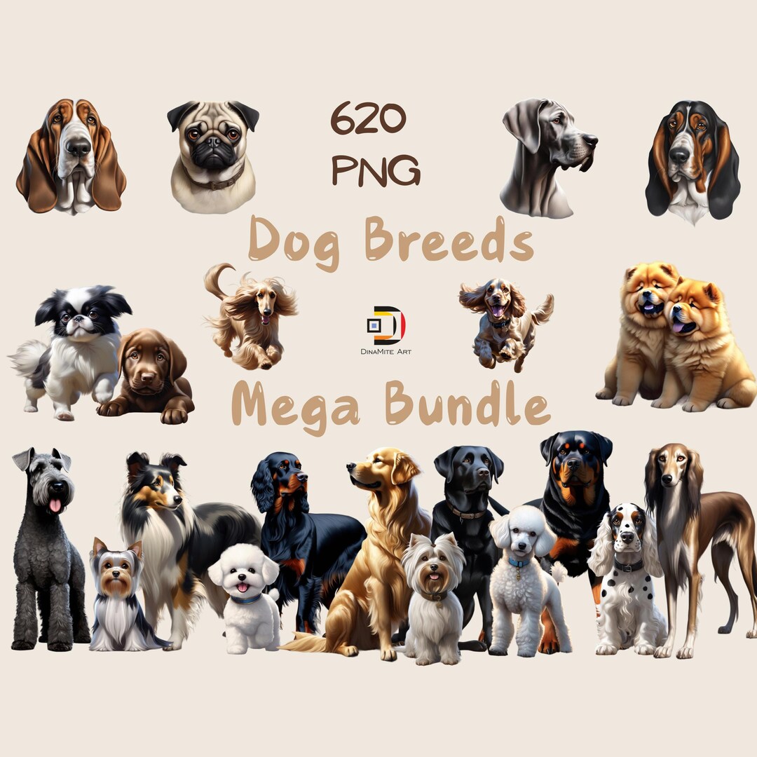 620 Dog Breeds Mega Bundle PNG, Purebred Dogs Clipart Files, Cute ...
