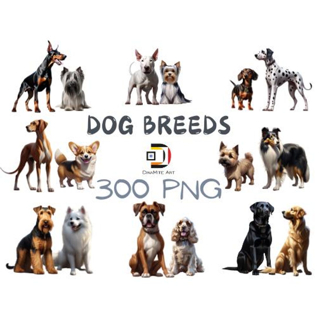 300 Dog Breeds PNG Files, 71 Different Breeds Clipart, Cute Dogs Bundle ...
