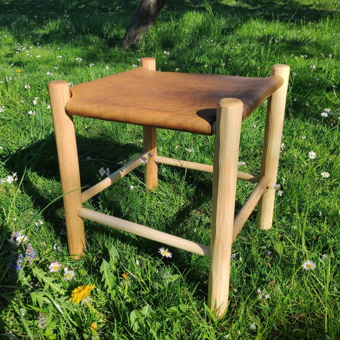 Handmade Raw Wood Stool: Full Grain Leather Seat, Green Woodworking - Etsy