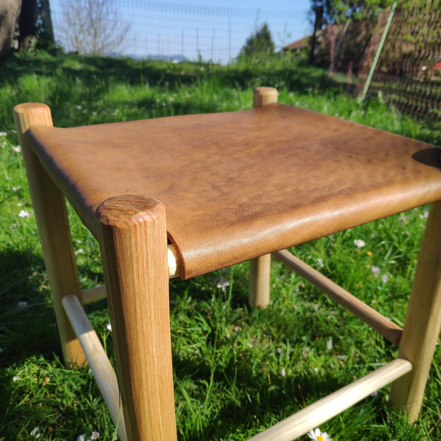 Handmade Raw Wood Stool: Full Grain Leather Seat, Green Woodworking - Etsy