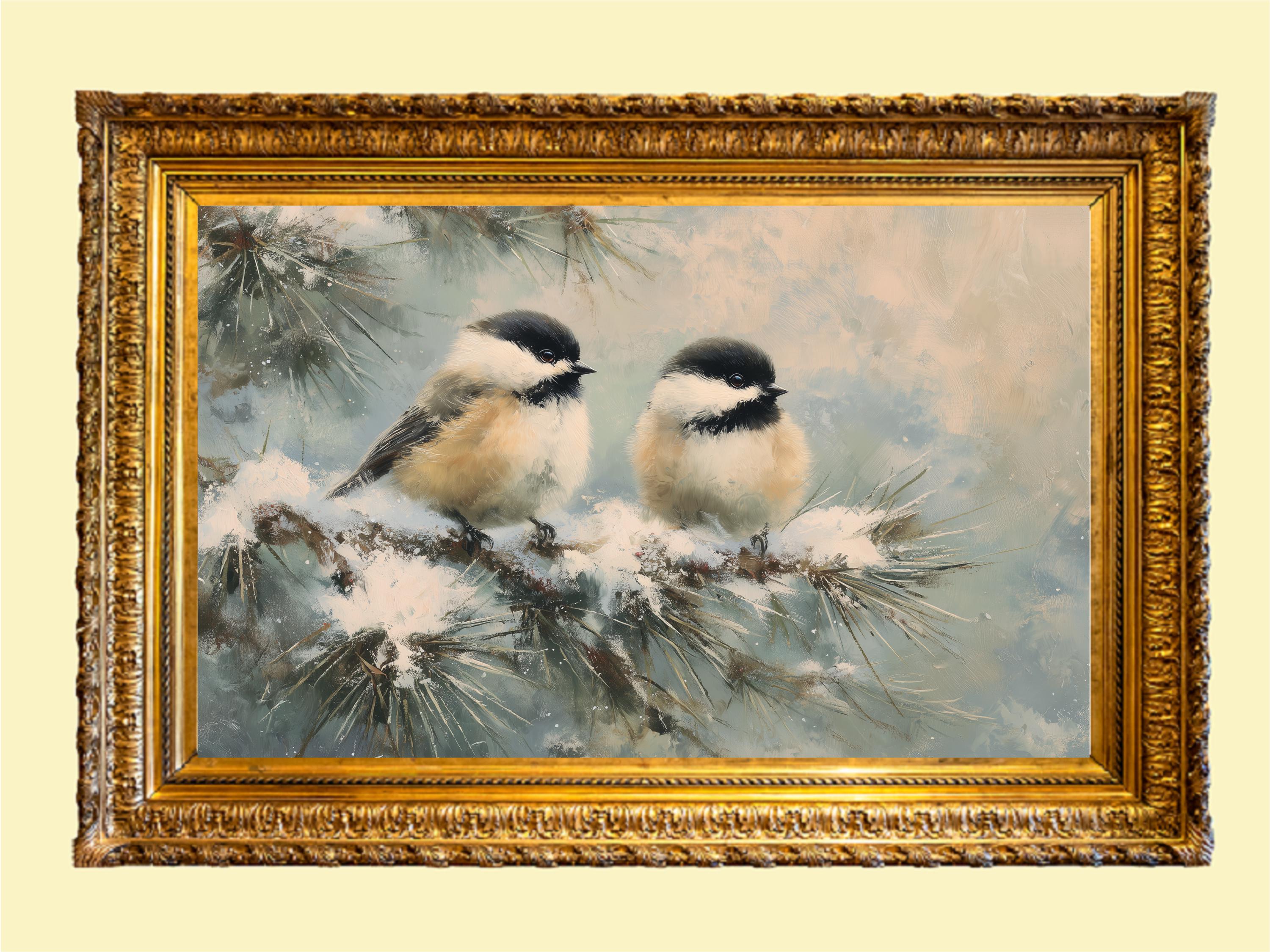 Chickadees on Snowy Branch: Winter Bird Art Print (digital Download) - Etsy