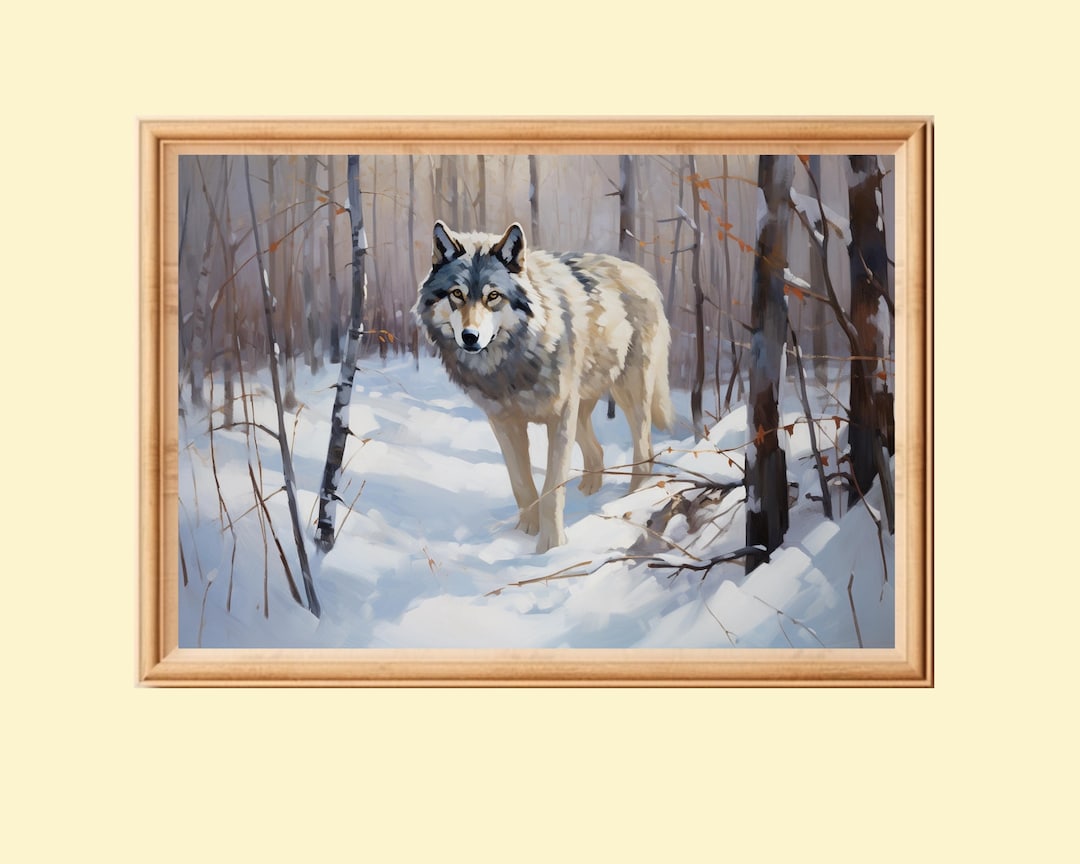 Wolf Painting in A Snowy Forest Printable, Winter Landscape Nature Wall ...