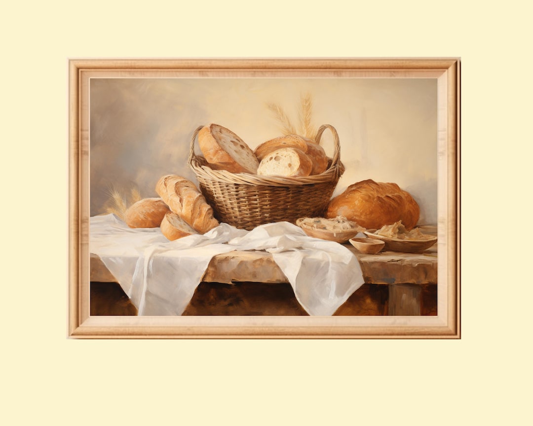 Bread Still Life Painting, Rustic Kitchen Printable Wall Art, Digital ...