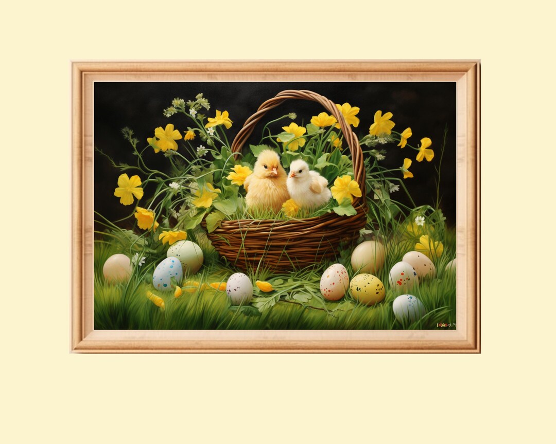 Easter Chicks in A Basket Printable, Easter Eggs Wall Art, Spring Print ...