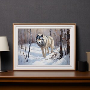 Wolf Painting in A Snowy Forest Printable, Winter Landscape Nature Wall ...