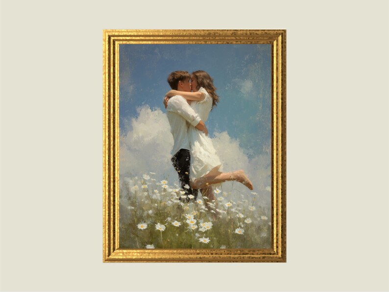 Impressionist Romantic Couple in Flower Field Painting: Valentine's Day ...