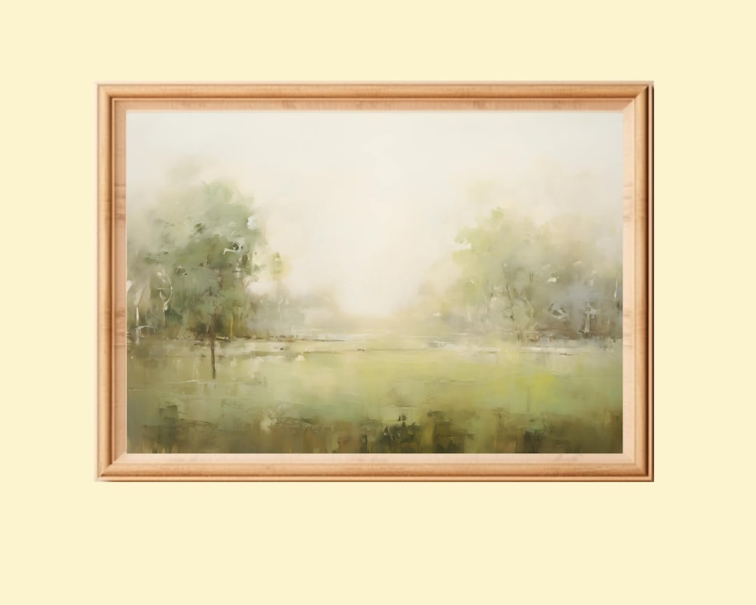 Green Modern Abstract Muted Landscape Painting, Minimal Rustic Neutral ...