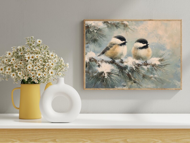 Chickadees on Snowy Branch: Winter Bird Art Print (digital Download) - Etsy