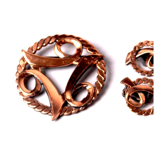 vintage mid century modern copper brooch pin & earrin… - Gem