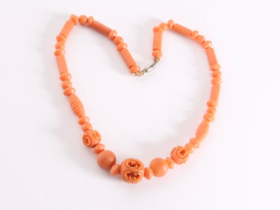 1930s vintage celluloid beads coral carved art deco n… - Gem