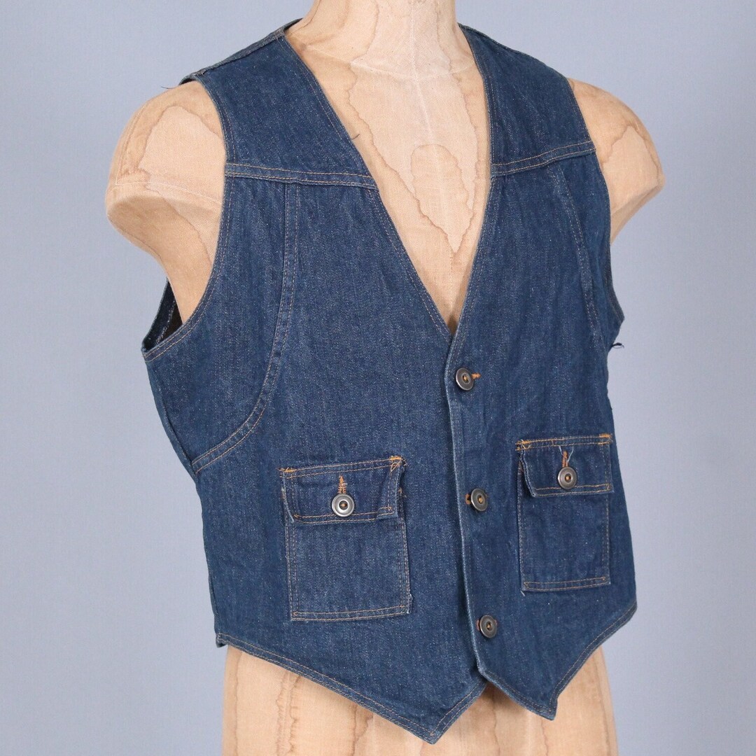 Vintage Dark Denim Work Vest Utility Blue Buckle Jean Jacket Outer Wear ...