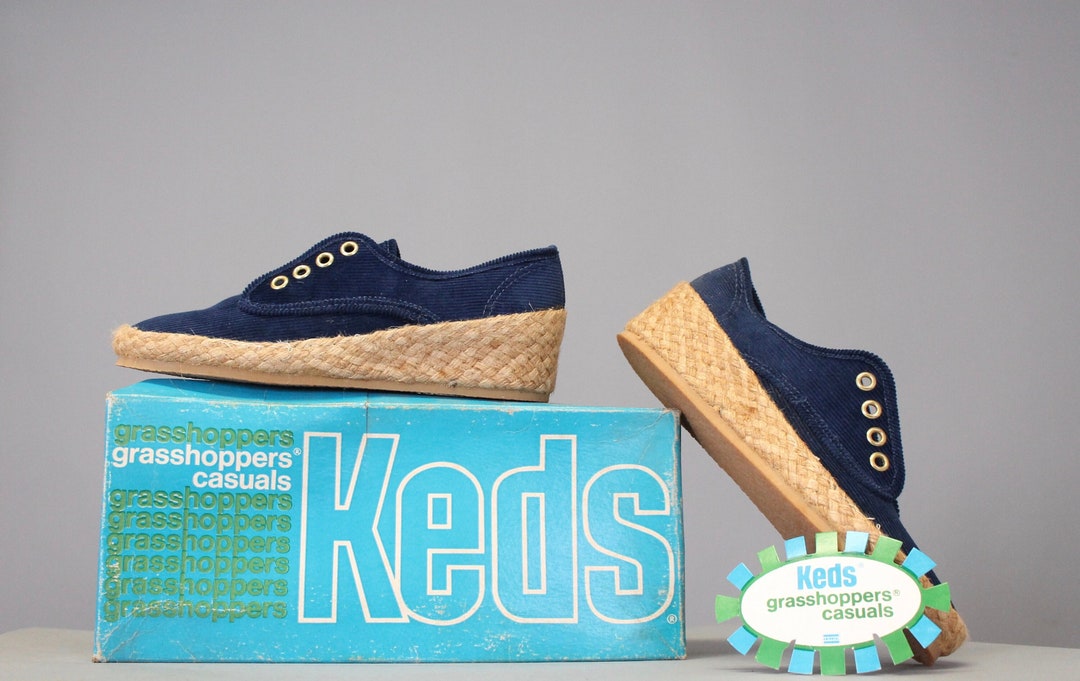 Vintage 1970s KEDS Wedge Espadrille Blue Corduroy Velvet Jute Lace up ...