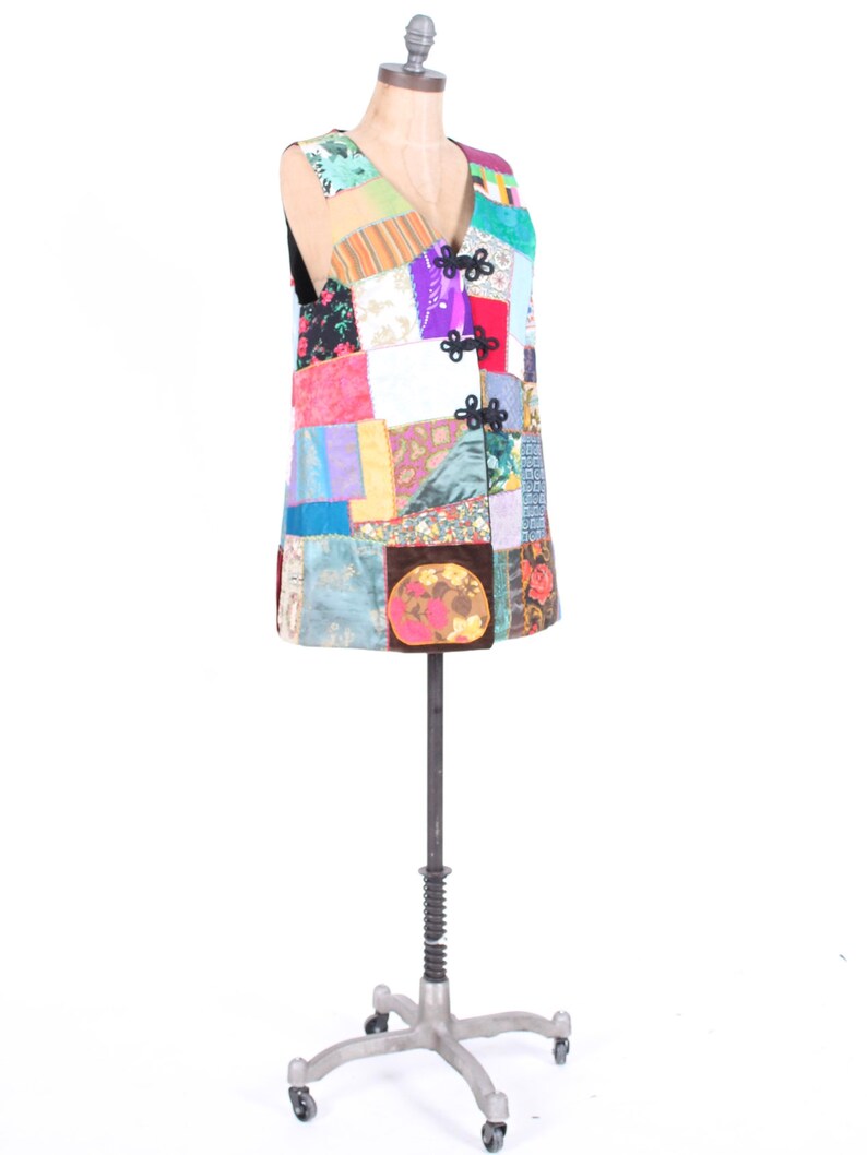 1970s Patchwork + Embroidered Vest Crazy Quilt Mini Dress Hippie Tunic ...
