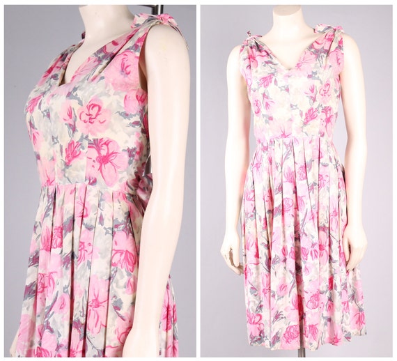 Vintage 1950s Pink Dress Rose Print Cotton Fitted Flower Party - Etsy