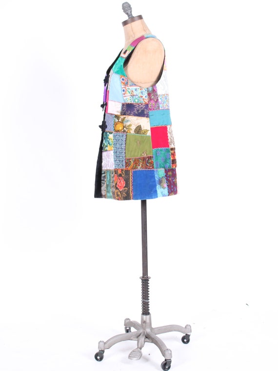 1970s patchwork + embroidered vest crazy quilt mini d… - Gem