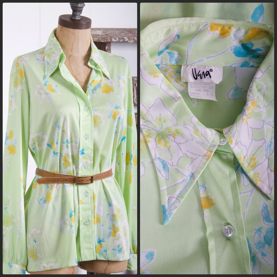 Vintage VERA Blouse 1970s Button Down Shirt Green Floral Design Top ...