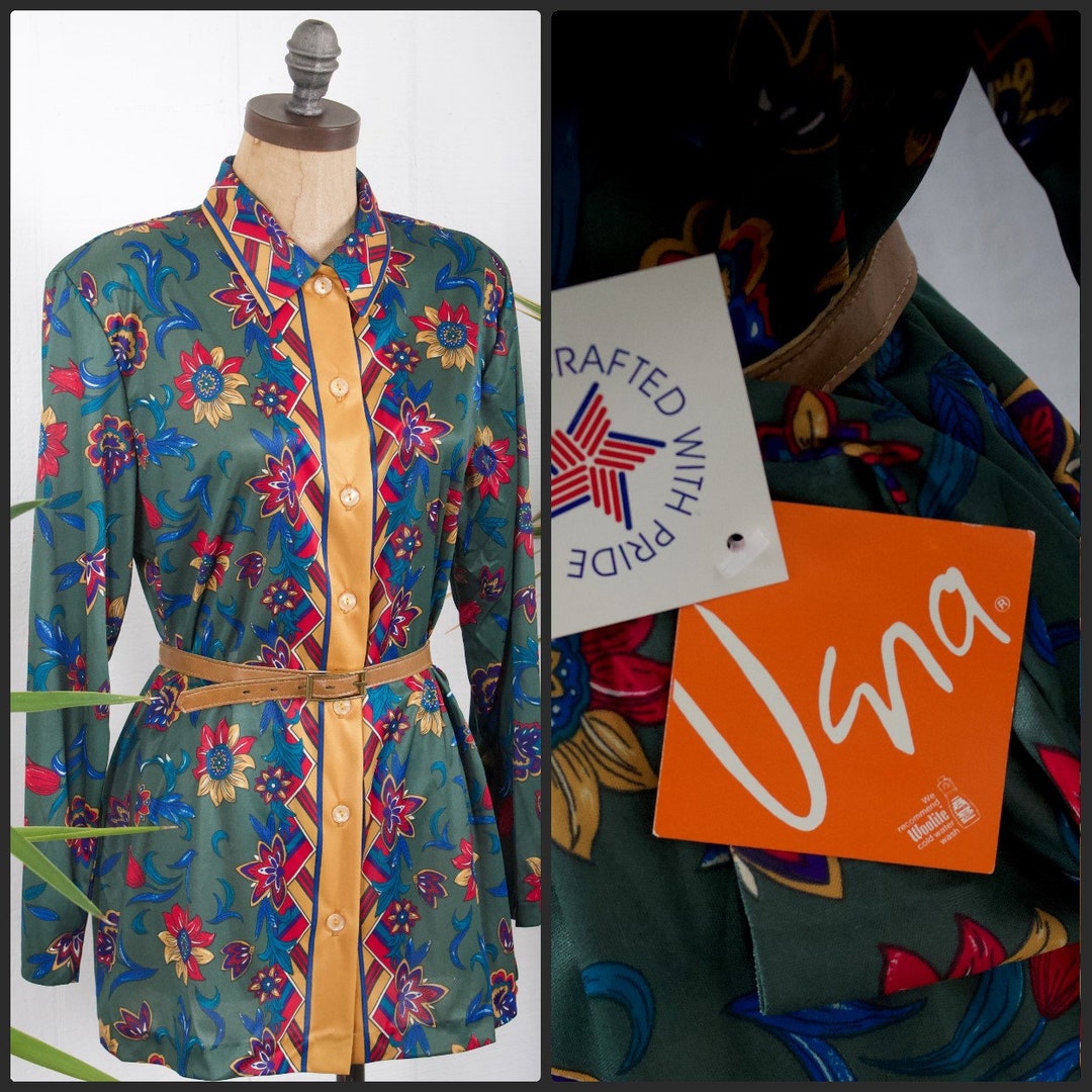Vintage VERA Blouse 1970s Button Down Shirt Green Floral Design Top New ...