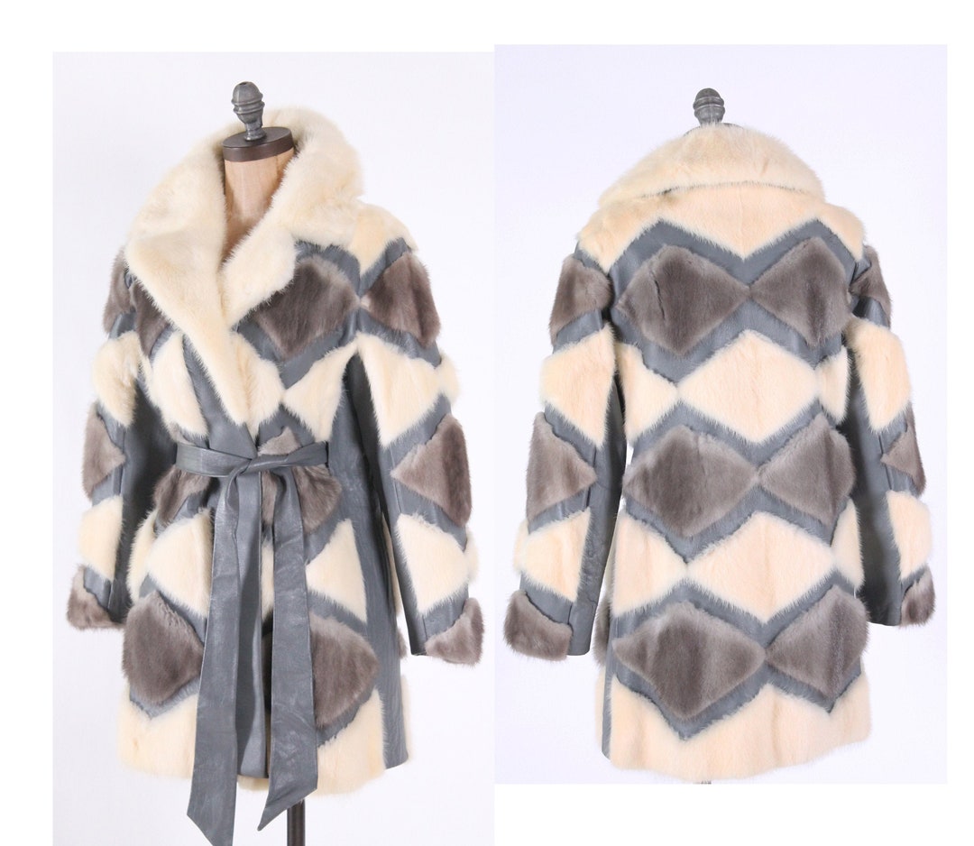 Vintage Chevron Mink Fur Coat 1960s Gray & White Geometric Belted ...